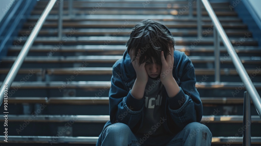 Sad boy sitting on the steps of the school. Child bullying concept ...