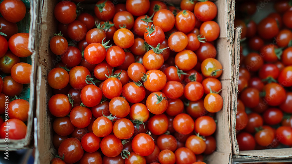 top view of red tomatoes in market with bright light. The cherry tomato ...