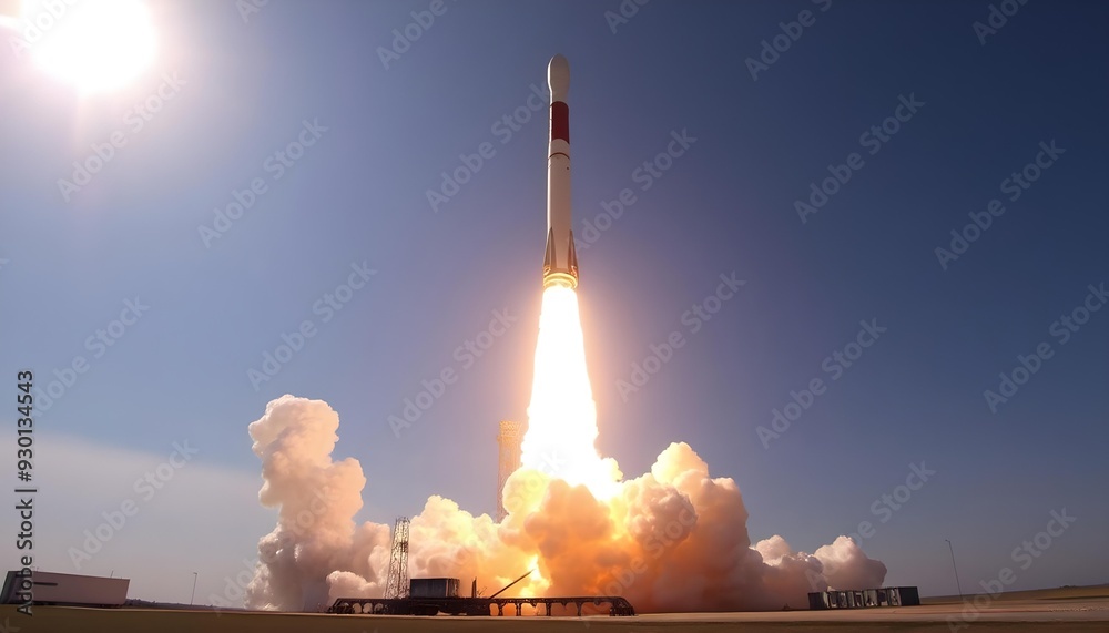 Aerospace, Rocket booster separation during launch with a fiery plume ...