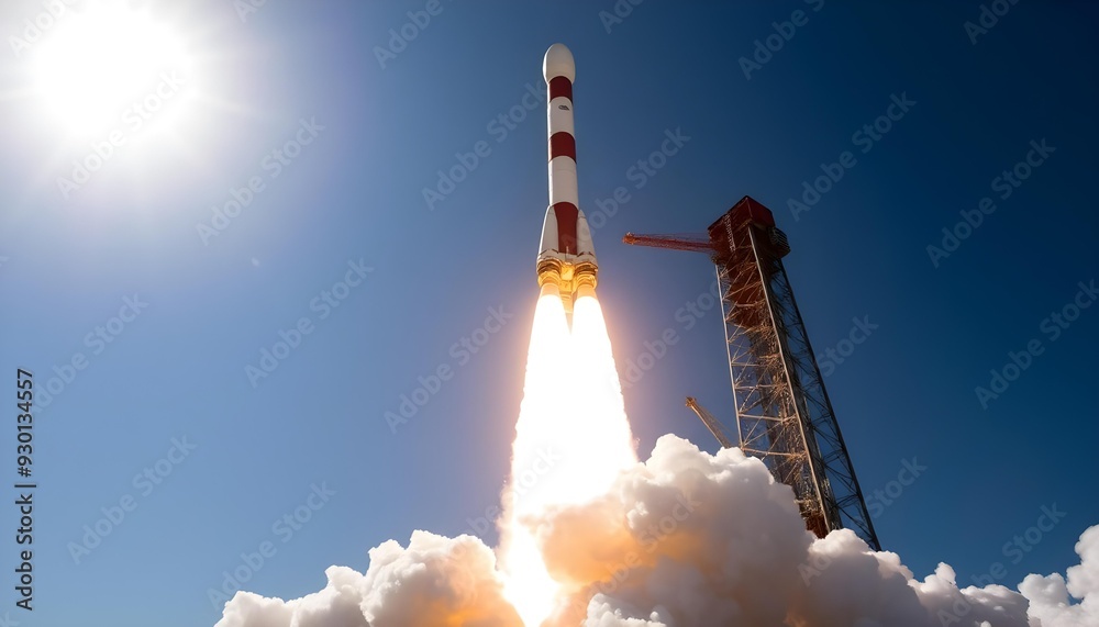 Aerospace, Rocket booster separation during launch with a fiery plume ...