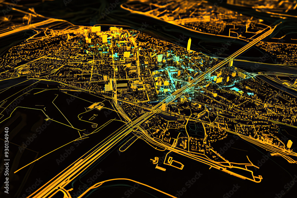 Technical aerial visual, 3D LiDAR GIS aerial map satellite scan model ...