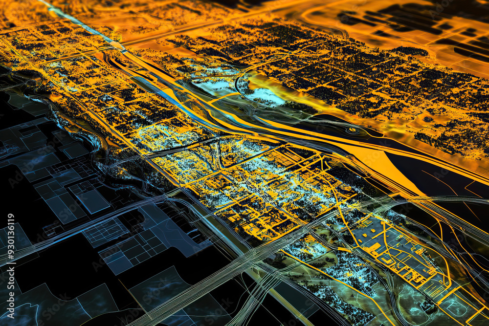 Technical aerial visual, 3D LiDAR GIS aerial map satellite scan model ...