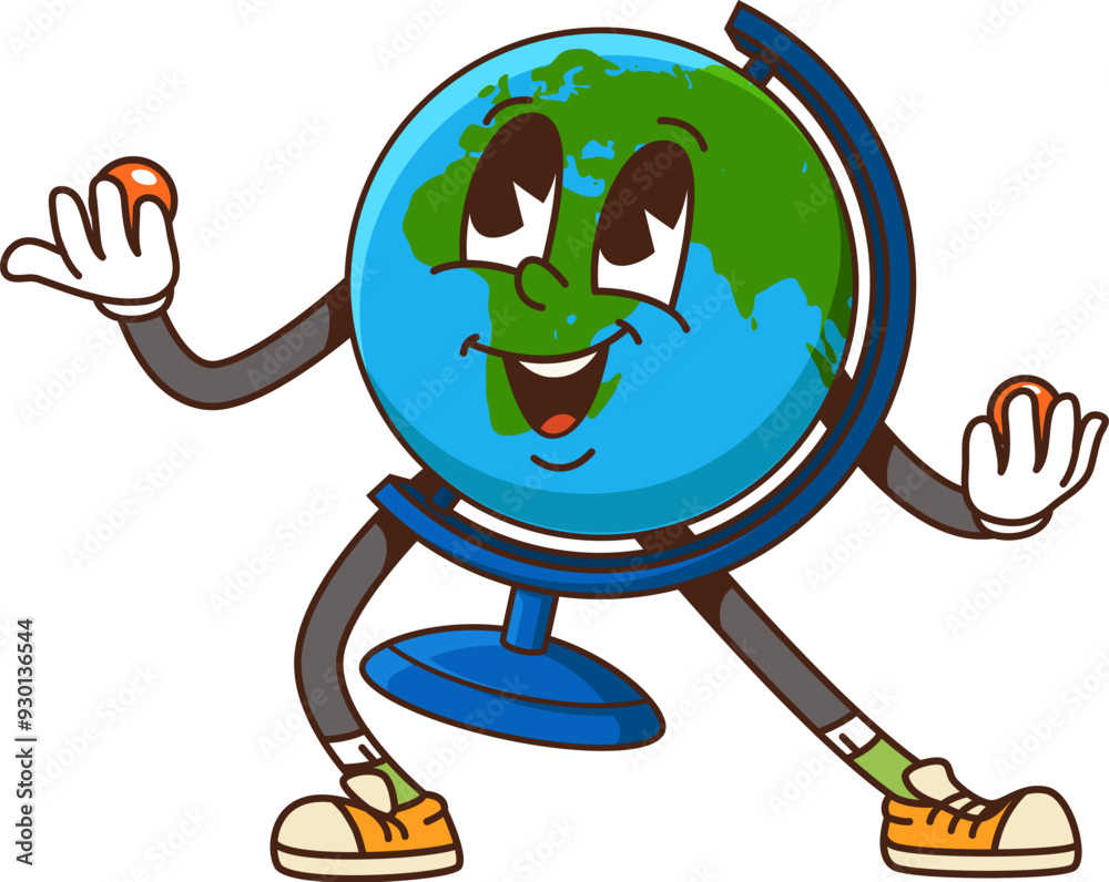 Cartoon groovy school globe character juggling. Isolated vector earth ...