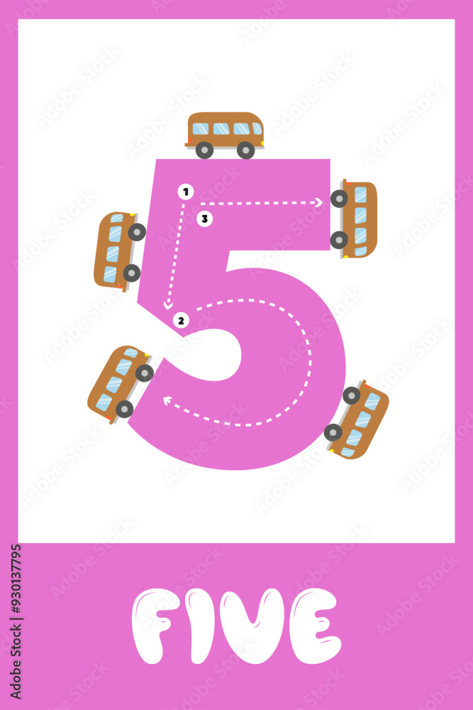 Learning numbers 5. Educational cards for children with numbers. Handwriting training. Vector ...