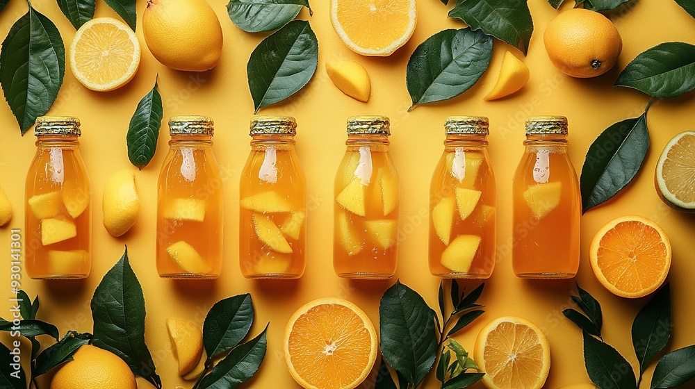 Tea Bottles with Karkade and Mango on Yellow Background: A Vibrant and ...