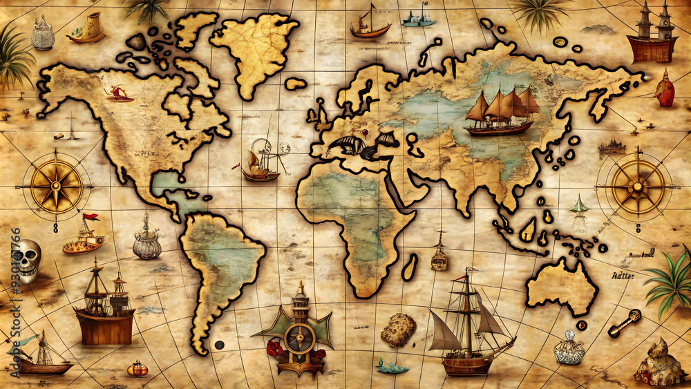 Intricate vintage treasure map with skull, ships, and sea creatures ...