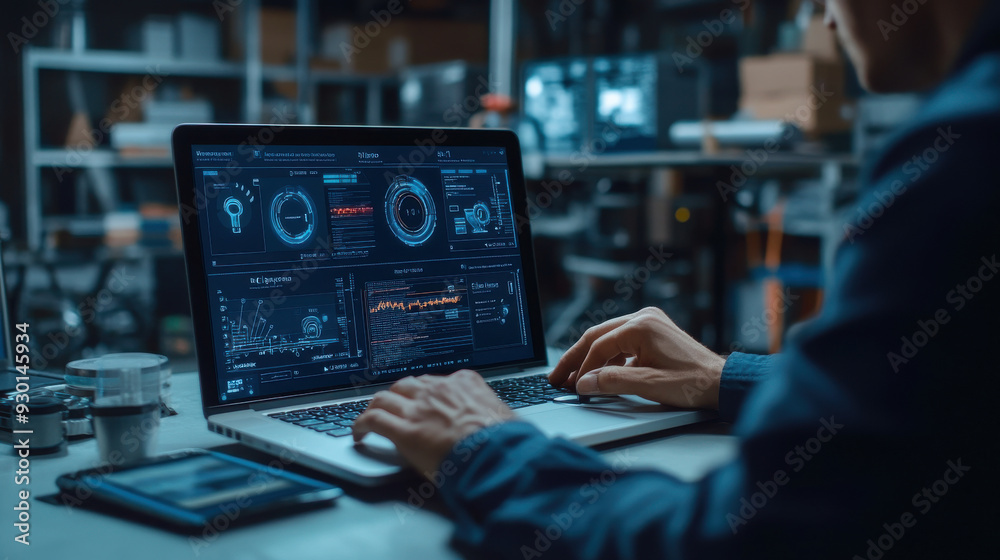 Professional handling incident management process on a laptop, virtual ...