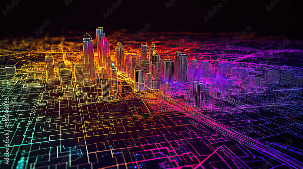 Technical aerial visual, 3D LiDAR GIS aerial map satellite scan model ...