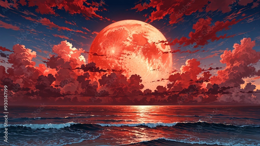 Mesmerizing Red Moon Rising Over the Ocean, Creating a Stunning ...