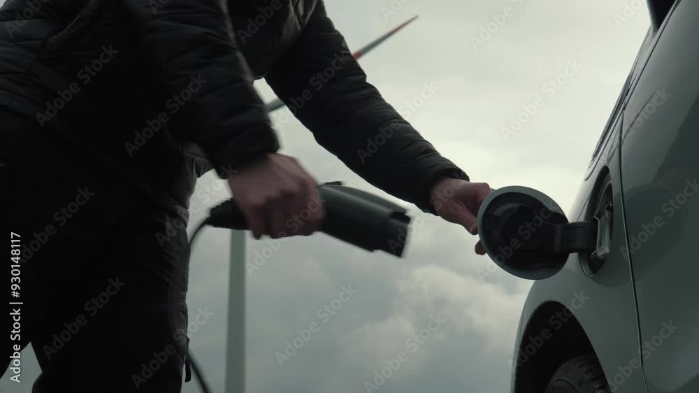 Male hands disconnect wind charging station power connector from EV car ...