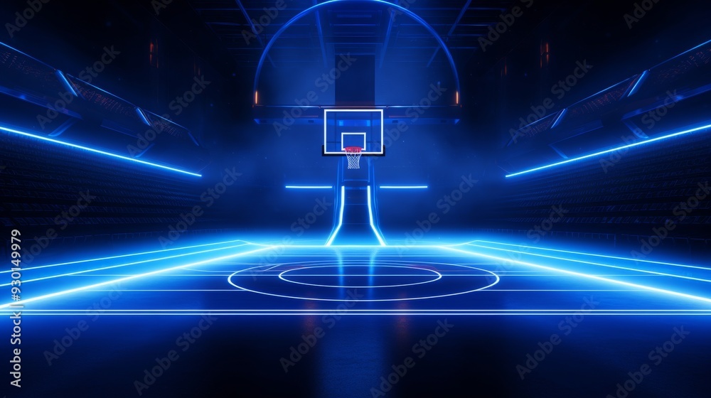 Immersive 3d render of neon-lit basketball court from side view ...