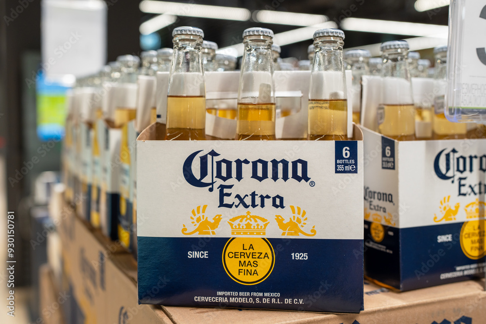 Pack of Corona Extra Beer. Corona Extra glass bottles at the grocery store. Minsk, Belarus ...