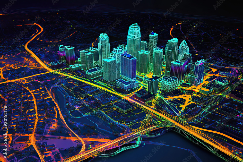 Technical aerial visual, 3D LiDAR GIS aerial map satellite scan model ...