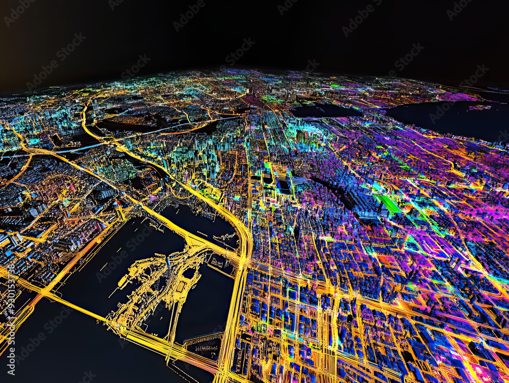 Technical aerial visual, 3D LiDAR GIS aerial map satellite scan model ...