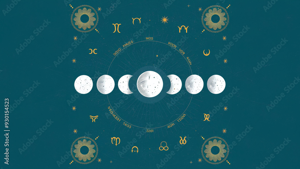 Illustration of moon phases aligned with zodiac signs on a teal ...
