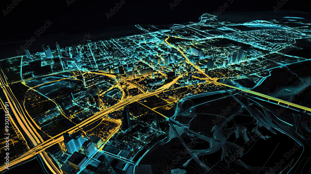 Technical aerial visual, 3D LiDAR GIS aerial map satellite scan model ...