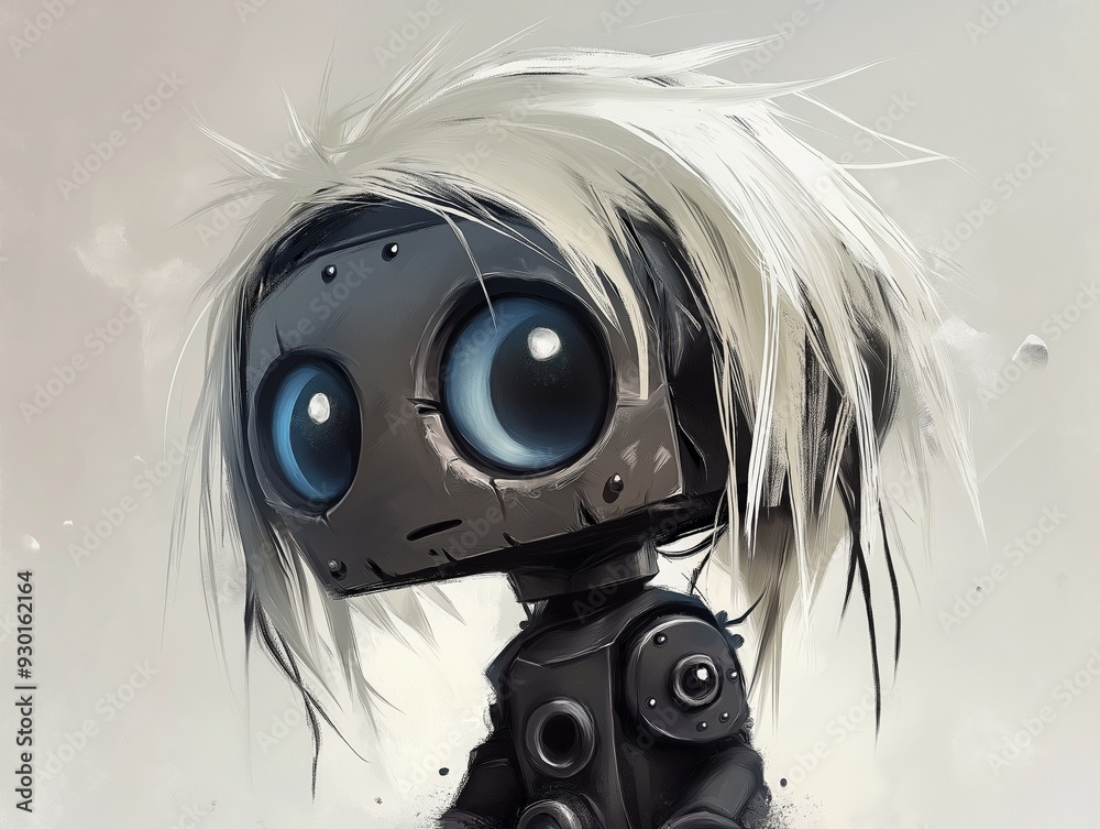 Cute robot character with big blue eyes and messy white hair. Whimsical ...