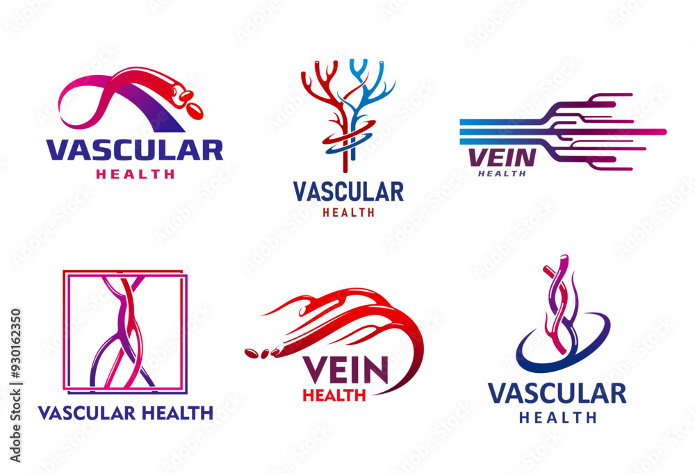 Vein health icons, vascular artery symbols of vector medicine and ...
