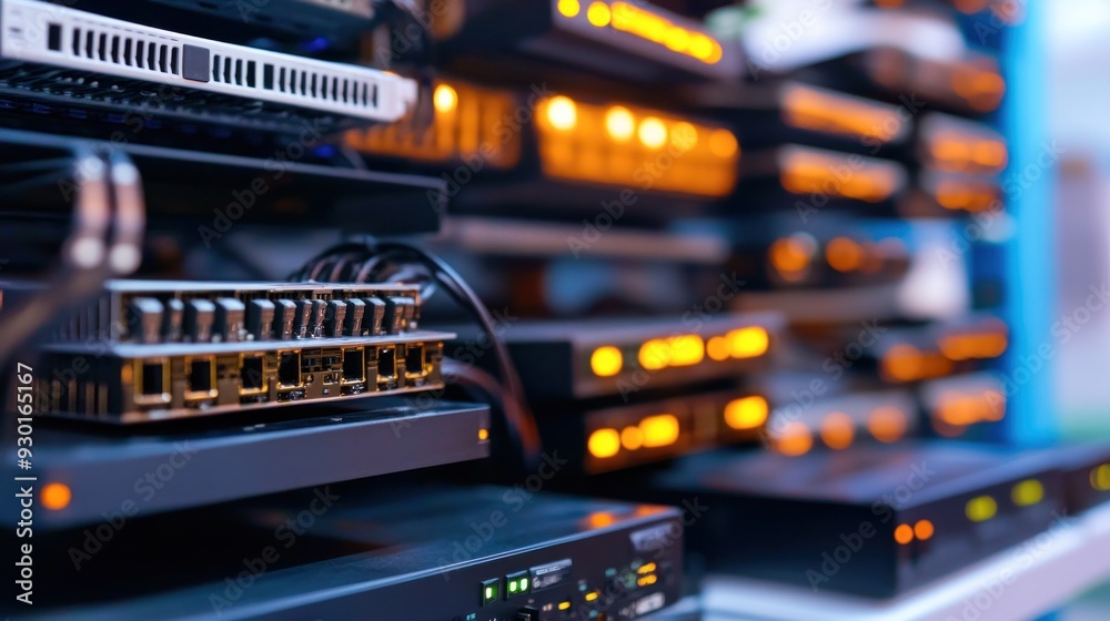 Rack-mounted multiple network servers featuring glowing LED indicators ...