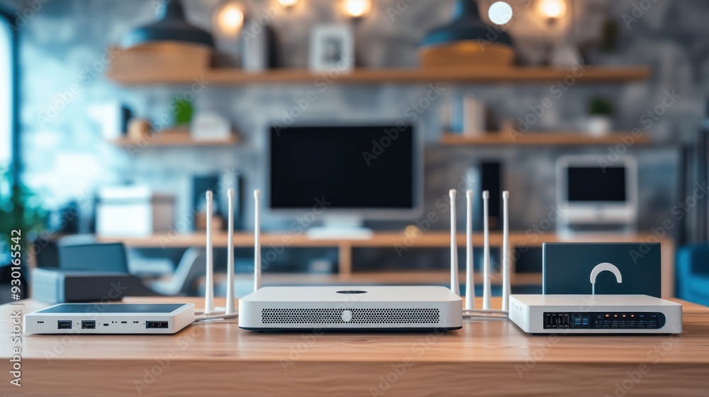 A modern office setup with various wireless routers and networking ...