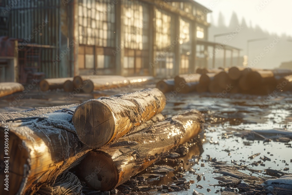 Logs stacked at a sawmill, ready for processing into lumber, showing ...