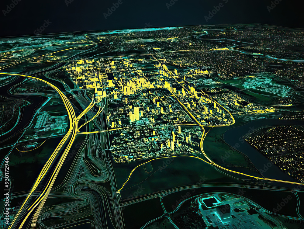 Technical aerial visual, 3D LiDAR GIS aerial map satellite scan model ...