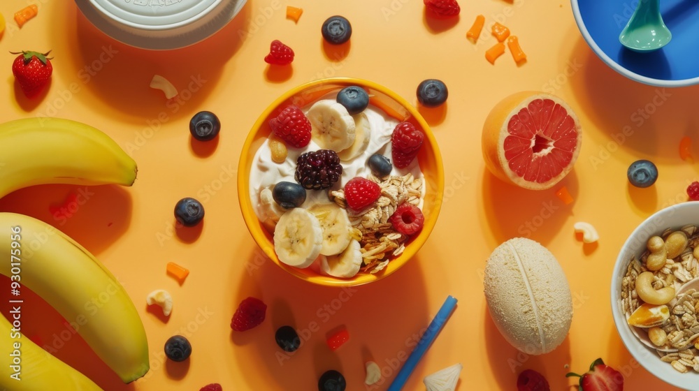 Healthy snack selection with sports equipment on vibrant orange ...