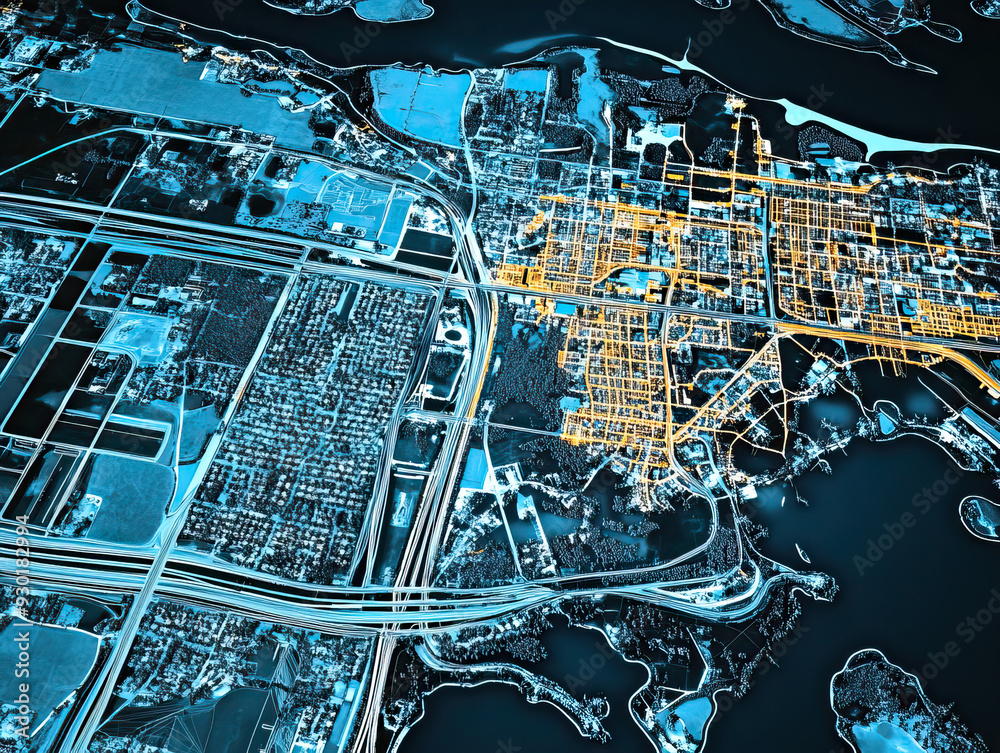 Technical aerial visual, 3D LiDAR GIS aerial map satellite scan model ...