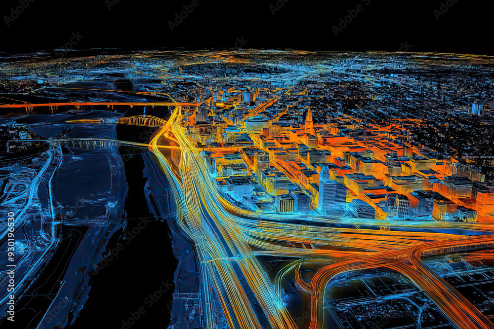 Technical aerial visual, 3D LiDAR GIS aerial map satellite scan model ...