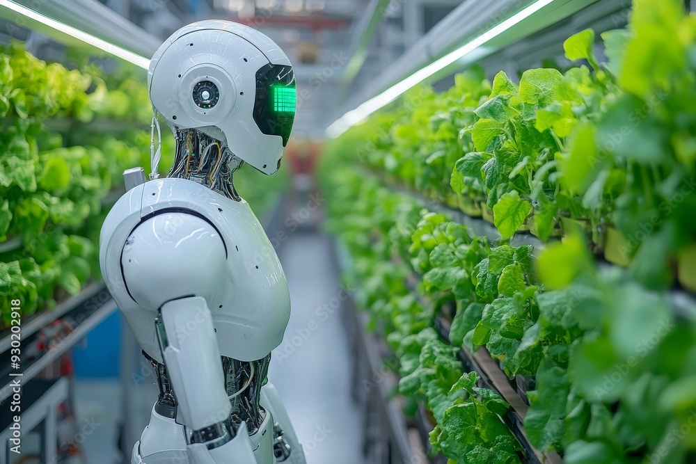 Humanoid robot tending to crops in an advanced greenhouse showcasing ...
