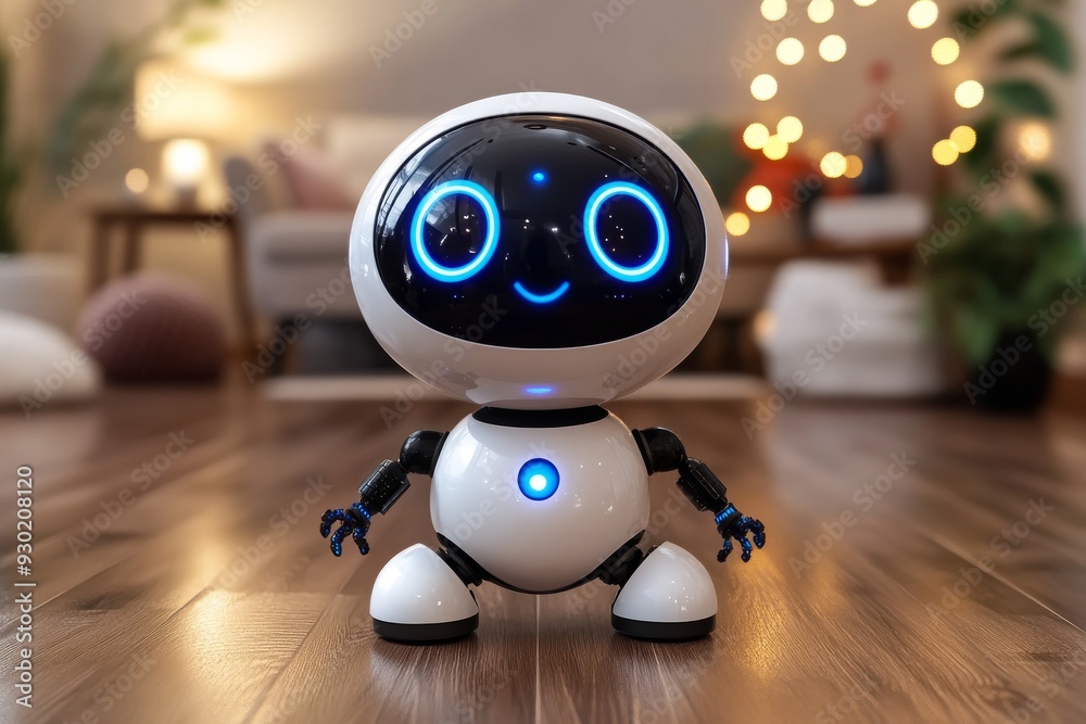 Cute round mini robot with bright blue eyes representing the playful ...