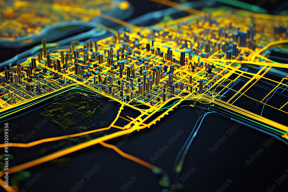 Technical aerial visual, 3D LiDAR GIS aerial map satellite scan model ...