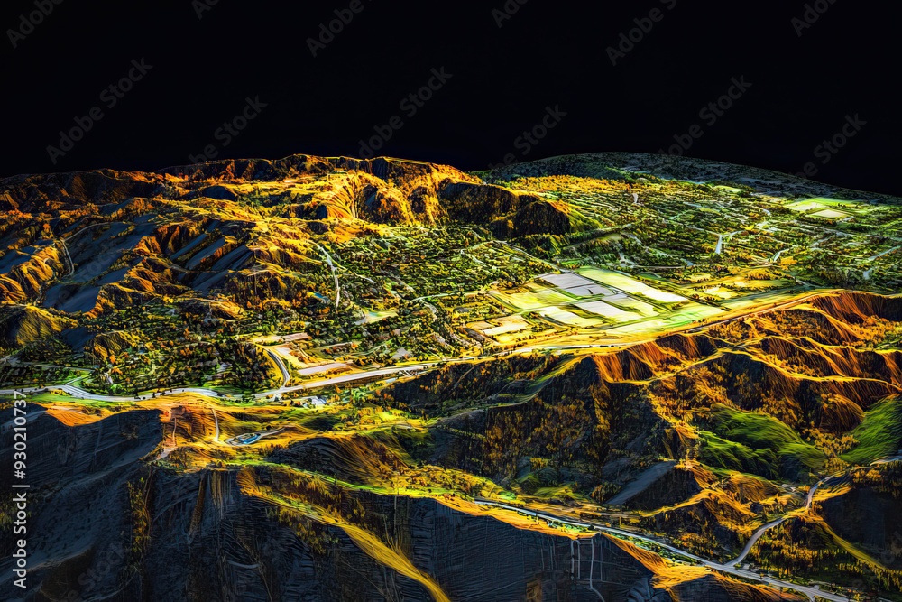 Technical aerial visual, 3D LiDAR GIS aerial map satellite scan model ...