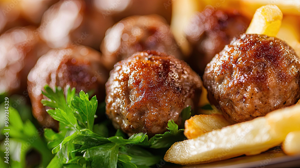 Beef Meatballs and French Fries - Fast Food Meal, Takeaway Dish, Crispy ...