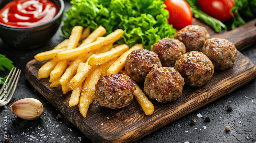 Beef Meatballs and French Fries - Fast Food Meal, Takeaway Dish, Crispy ...