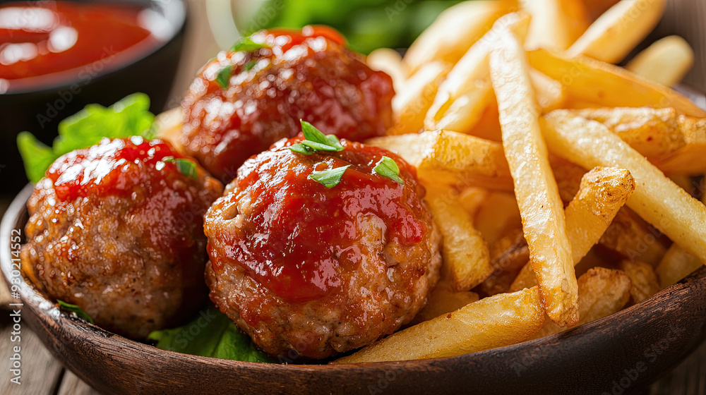 Beef Meatballs and French Fries - Fast Food Meal, Takeaway Dish, Crispy ...