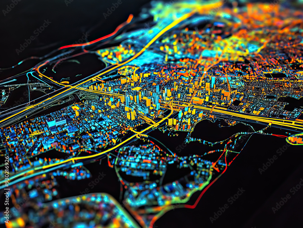 Technical aerial visual, 3D LiDAR GIS aerial map satellite scan model ...