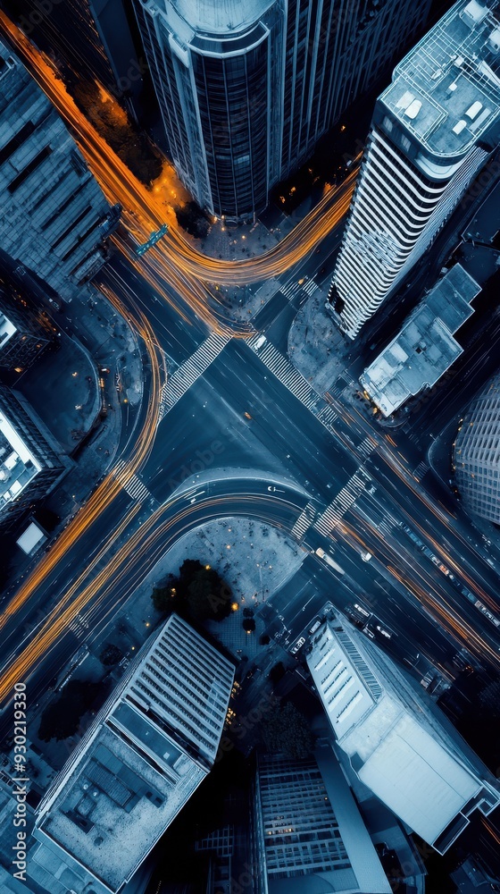 Aerial of a city intersection, where multiple roads converge, and ...