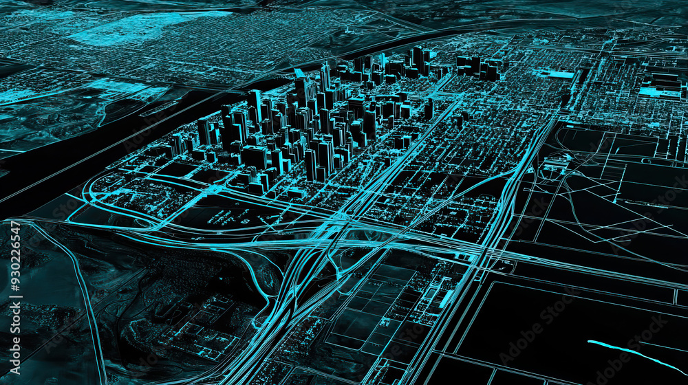 Technical aerial visual, 3D LiDAR GIS aerial map satellite scan model ...