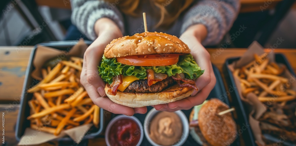 person holding up two different burgers with fries on the tray below ...