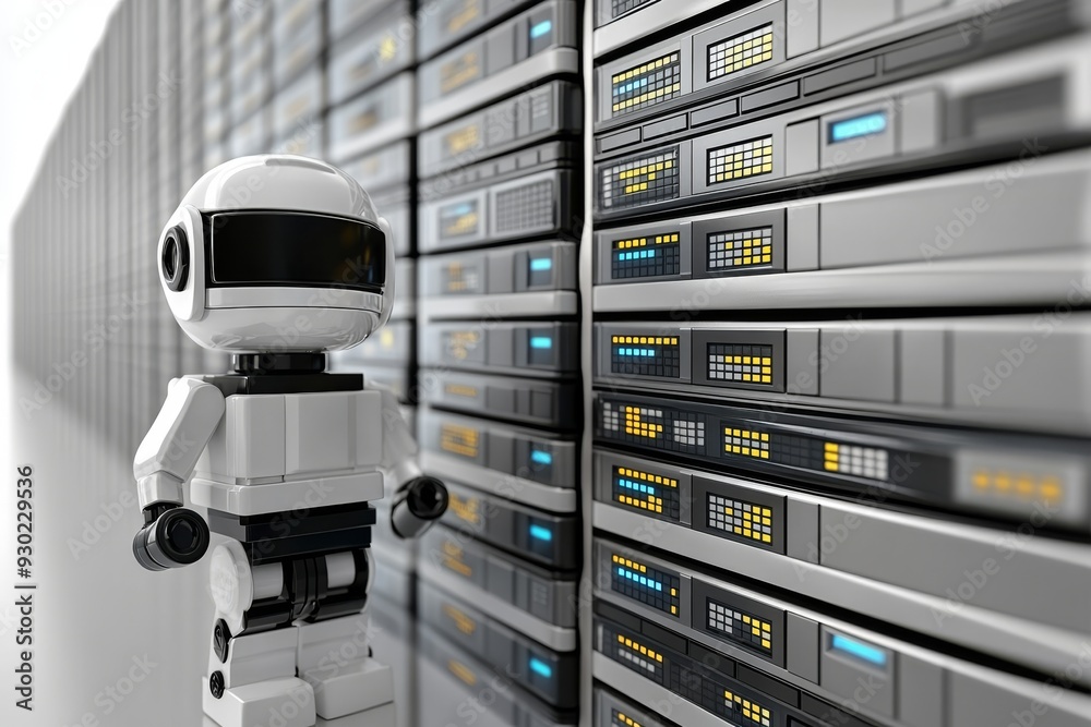 Small robot interacting with servers in a modern data center ...