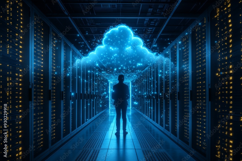 Human silhouette standing in a futuristic data center with a glowing ...