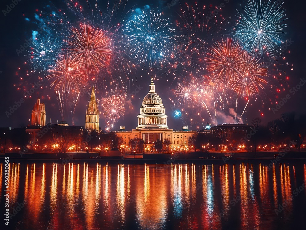 spectacular fireworks bursting over washington dc skyline illuminating ...