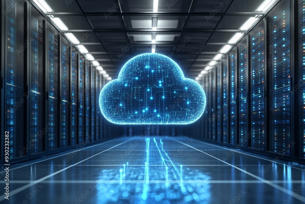 Glowing blue cloud icon in a server room representing the seamless ...