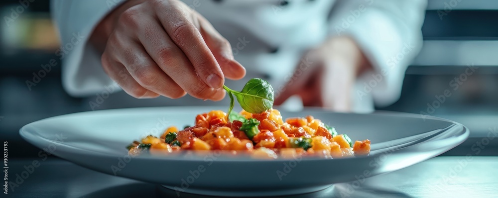 Image of a gourmet chef plating an exquisite dish, focus on detailed ...