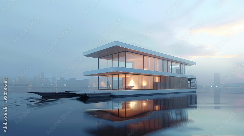 Illustrate a conceptual design for a floating house, focusing on its ...
