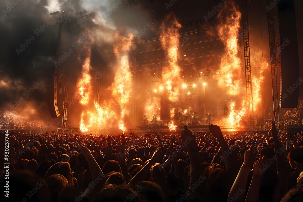 main stage on a rock festival with flames, laser and pyrotechnic ...