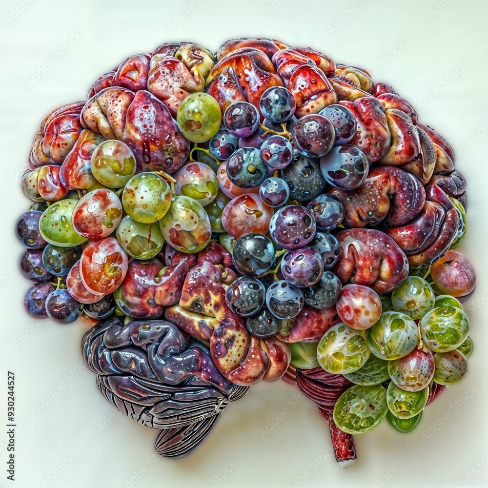 Brain Fruit. A human brain creatively depicted using colorful grapes ...