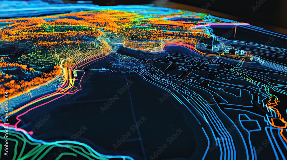 Technical aerial visual, 3D LiDAR GIS aerial map satellite scan model ...