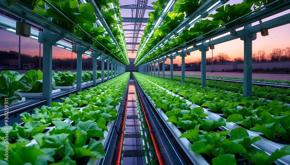 High-tech hydroponic farm with rows of vibrant lettuce and other greens growing in nutrient-rich ...